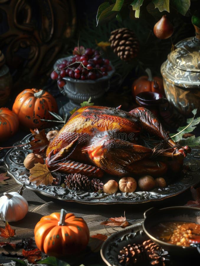 A Large Roasted Turkey Sits on a Silver Platter on a Table with a ...
