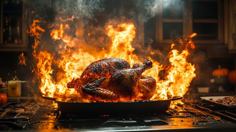 A Large Roasted Turkey is Surrounded by Flames, Creating a Dramatic ...
