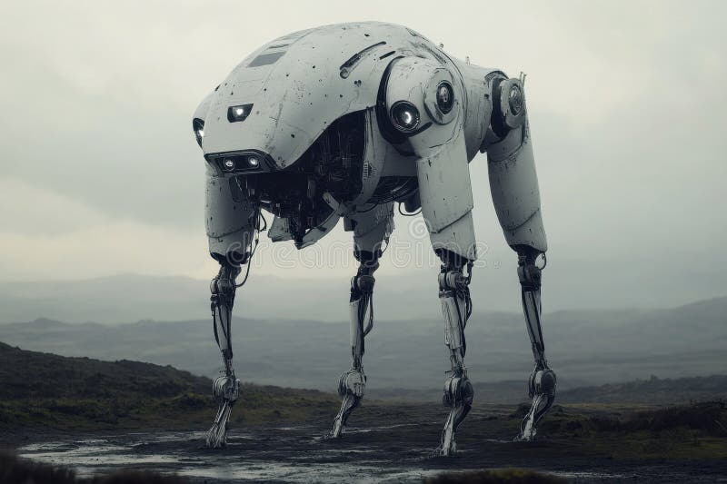 Robot Creature Explores a Desolate Landscape during Overcast Skies ...