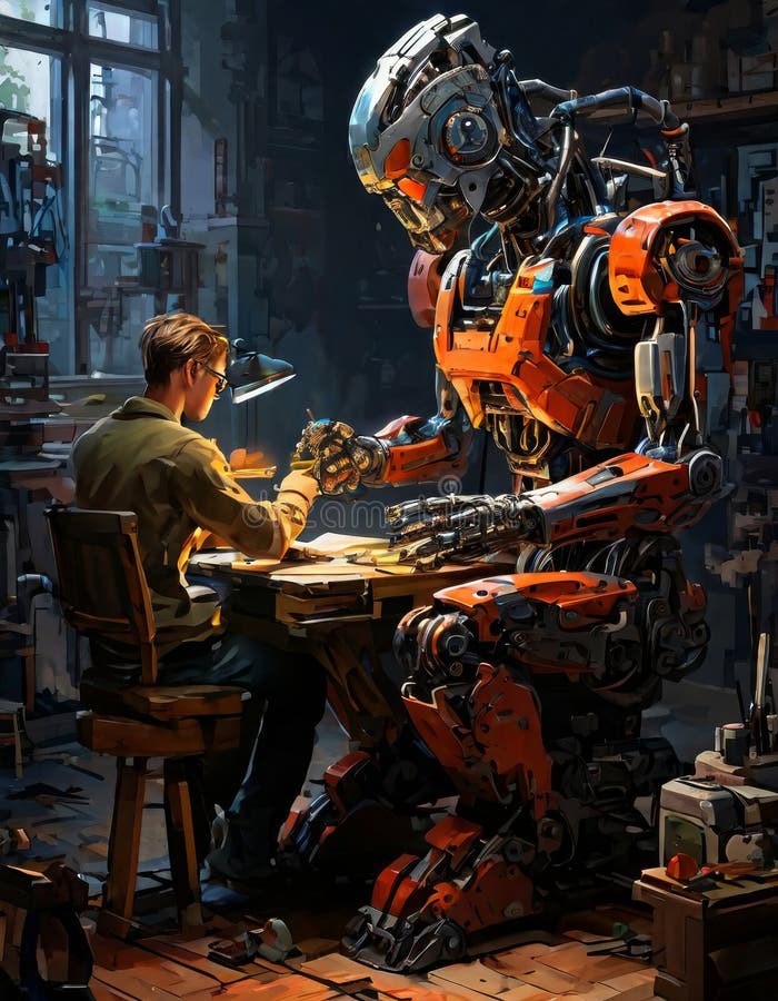 Large Robotic Figure Collaborating with a Human in a Workshop Stock ...