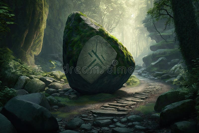 Large Rock with Arrow Pointing the Way, in a Lush Forest Stock ...