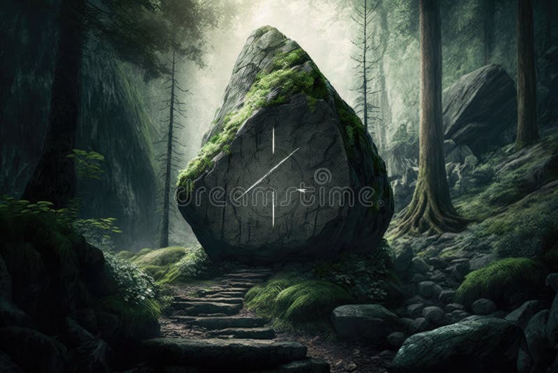 Large Rock with Arrow Pointing the Way, in a Lush Forest Stock Photo ...