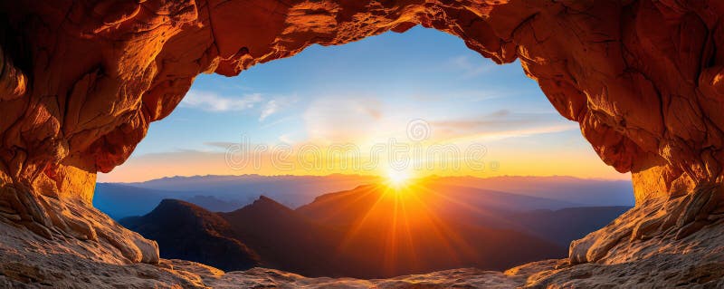 A Large Rock Cave with a Sun Shining through it Stock Illustration ...