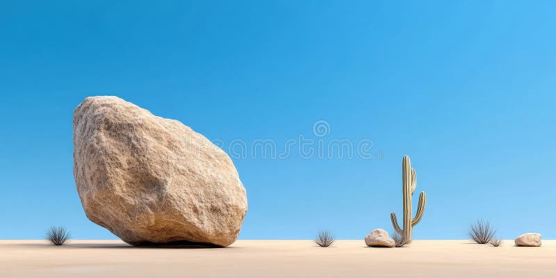 Large Rock in Desert Landscape with Cactus and Clear Blue Sky ...