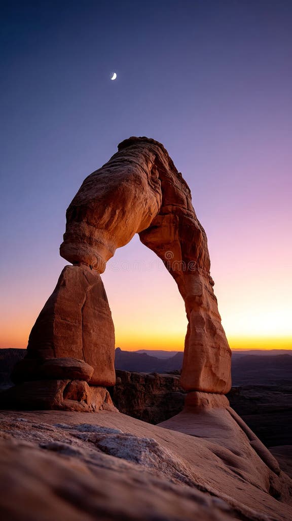 A Large Rock Formation with a Crescent Moon in the Sky Stock Image ...