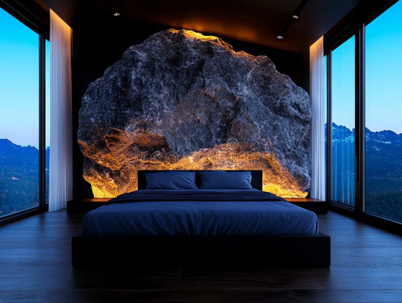 A Large Rock in the Middle of a Bedroom with a Bed in it Stock Image ...
