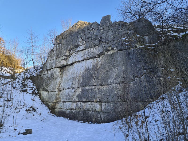 A Large Rock in the Middle of a Winter Forest. Stock Photo - Image of ...