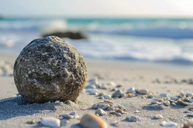 Large Rock Sits on Beach, Surrounded by Small Pebbles Stock Image ...