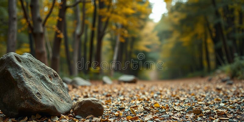 A Large Rock Sits in the Middle of a Path in the Woods Stock ...