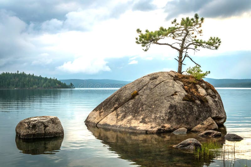 Large Rock with Small Pine Tree by Calm Lake Under Cloudy Blue Sky ...