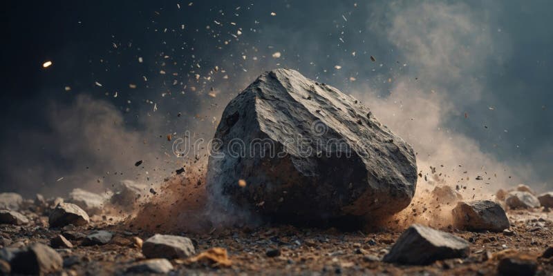 A Large Rock is Surrounded by a Cloud of Dust and Debris. Stock ...