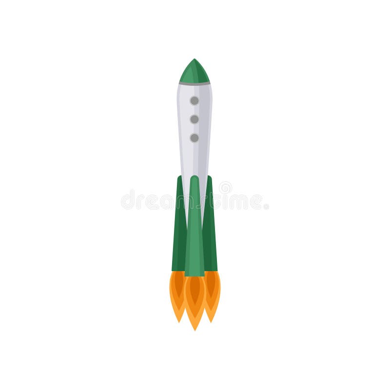 Large Rocket with Three Engine Fire. Spacecraft with Small Round Window ...