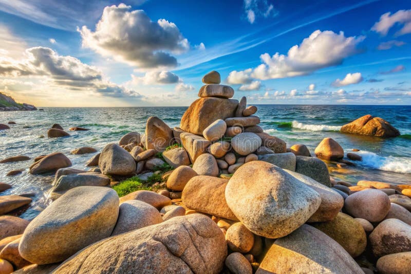 Large Rocks and Boulders Pile by the Sea Background Stock Illustration ...