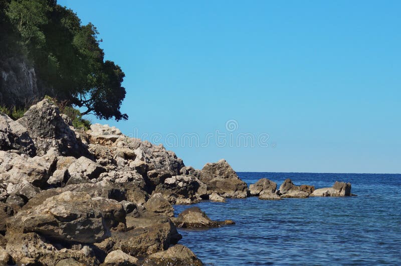 Large Rocks and Rocks on the Beach, Trees Grow on the Ledges Stock ...