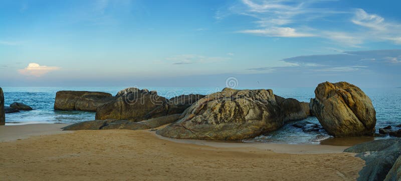 Large Rocks on a Sandy Beach. Panorama Stock Photo - Image of vacations ...