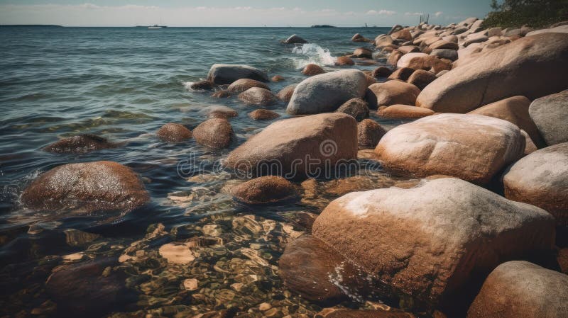 Large rocks at shoreline stock photo. Image of generative - 285157096