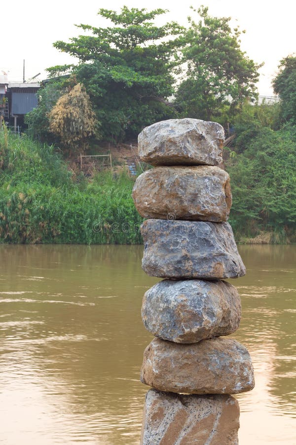 Zen Stones Stacked On River Scene Stock Photo - Image of element ...