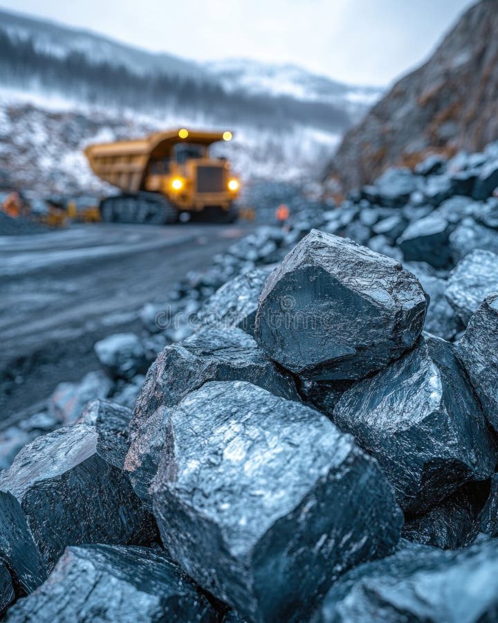 Rough Thulium Ore Chunks with Metallic Sheen in a Mining Site, Heavy ...