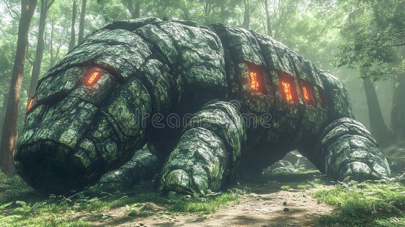 Massive Stone Creature in Misty Forest Stock Image - Image of haze ...