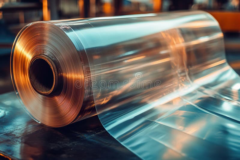 Large Roll of Clear Plastic Film is Being Processed at Manufacturing ...