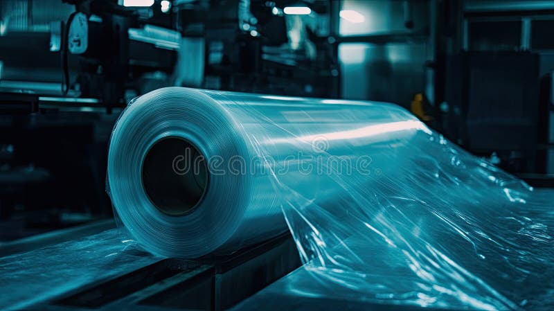 Large Roll of Clear Plastic Film is Being Processed at Manufacturing ...