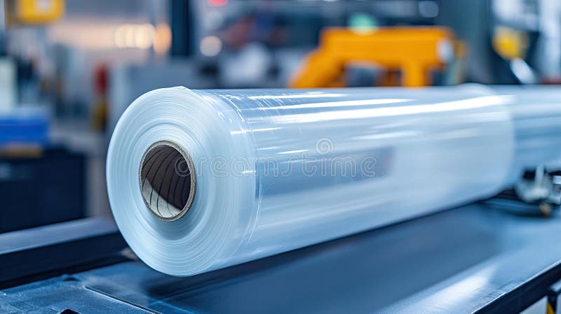 Large Roll of Clear Plastic Film is Being Processed at Manufacturing ...