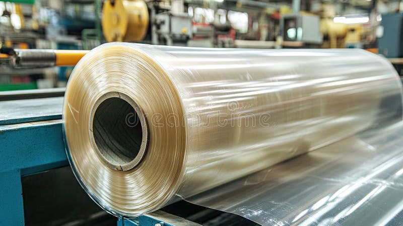 Large Roll of Clear Plastic Film is Being Processed at Manufacturing ...