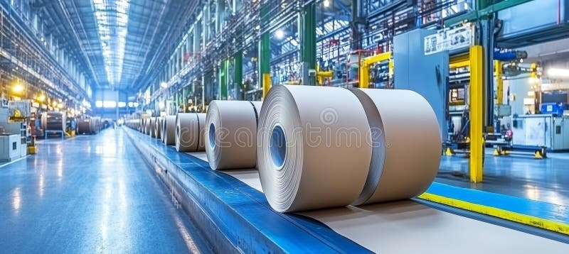Large Rolls of Brown Packaging Material on a Conveyor Belt in a Modern ...