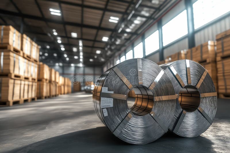 Large Rolls of Silver Aluminum Solid Coils Stand in Rows in Warehouse ...