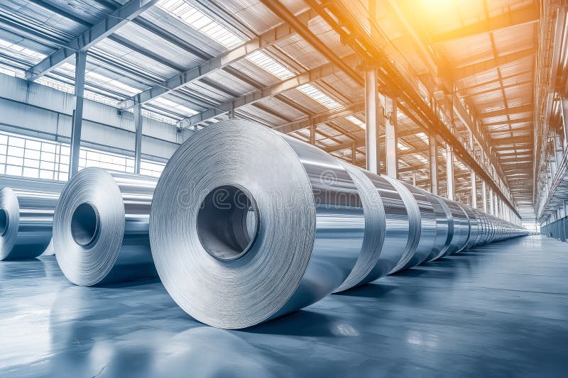 Large Rolls of Silver Aluminum Solid Coils Stand in Rows in Warehouse ...
