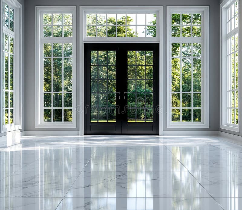 A Large Room with a Black Door and Windows in it Stock Photo - Image of ...