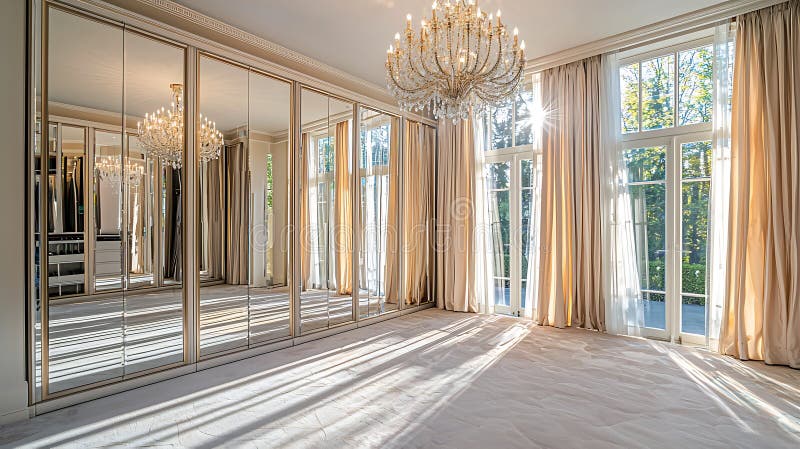 A Large Room with a Chandelier and White Curtains Stock Photo - Image ...