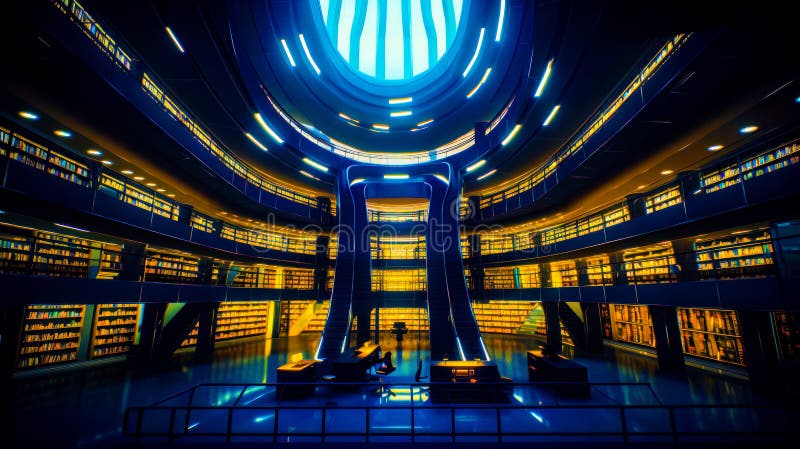 Large Room with Circular Window and Blue Light in the Center ...