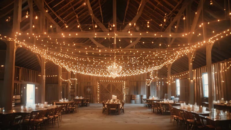 A Large Room Filled with Tables and Chairs Illuminated by Strings of ...