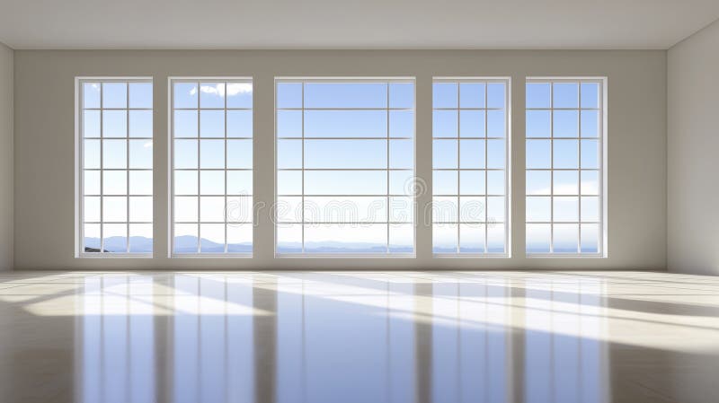 A Large Room with Four Windows and a Clear Blue Sky Outside Stock ...