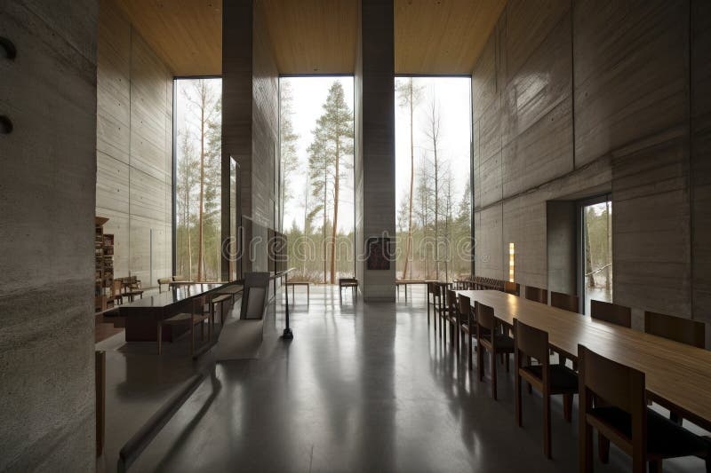 A Large Room with a Long Table and Chairs and a Large Window with a ...