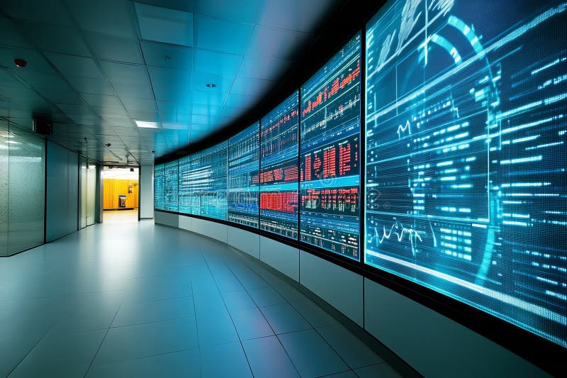 A Large Room with a Long Wall of Computer Monitors Stock Illustration ...