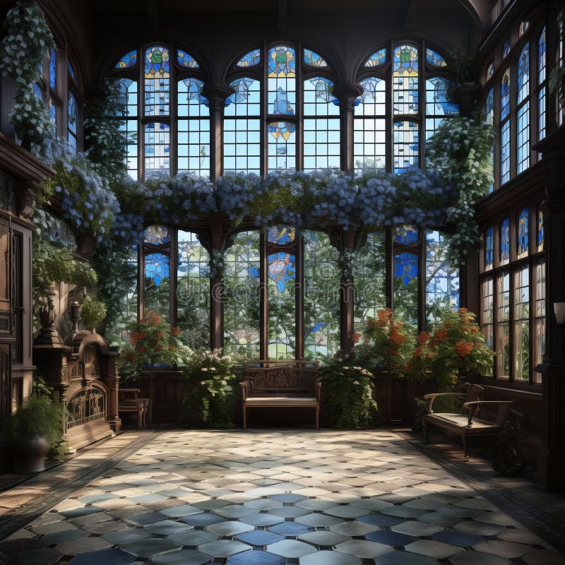 A Large Room with Lots of Windows and Flowers Stock Illustration ...