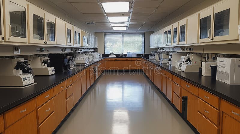 A Large Room with Many Cabinets and a Counter Stock Illustration ...