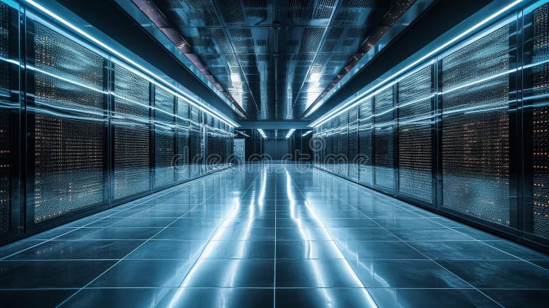 A Large Room with Many Computer Monitors and a Green Light. Stock Photo ...