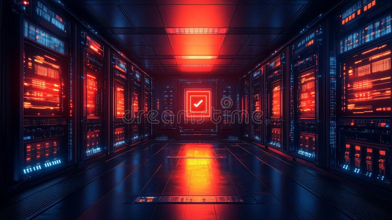 A Large Room with Many Computer Monitors and a Red Check Mark on a ...