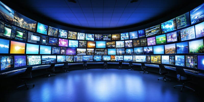 A Large Room with Many Computer Monitors on the Wall Stock Illustration ...