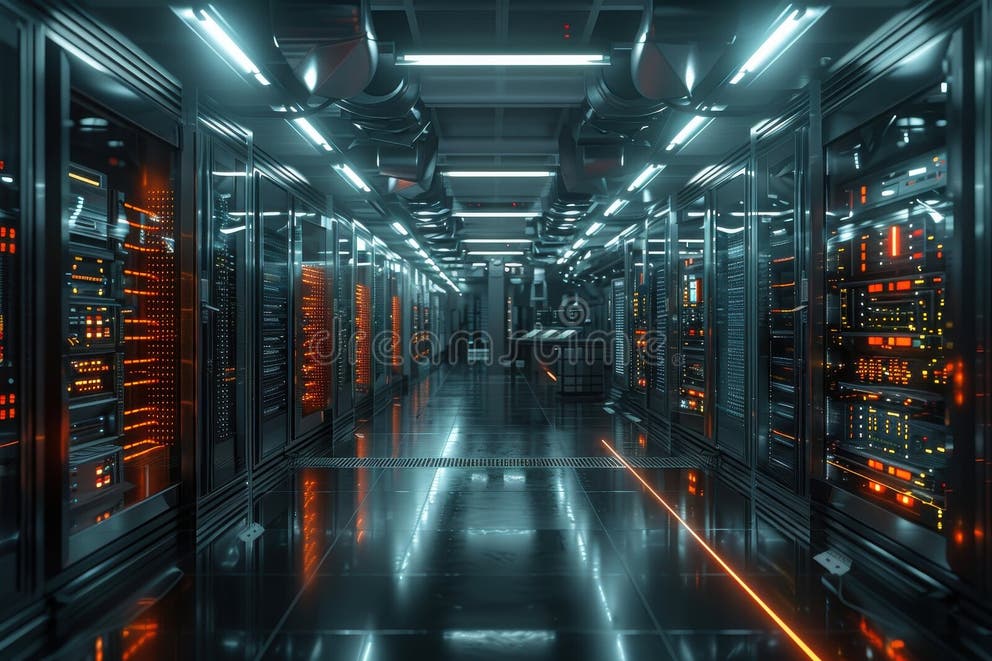 A Large Room with Many Computer Servers and Lights Stock Photo - Image ...