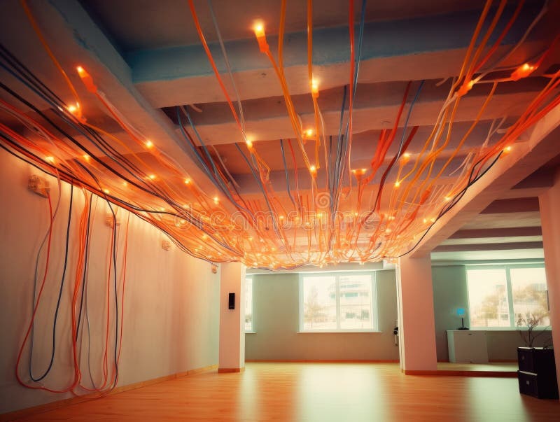 Large Room with an Open Ceiling, Where Many Orange and Yellow Wires are ...