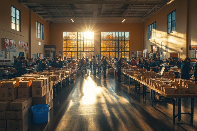 A Large Room with People Standing Around Tables and Boxes Stock Image ...