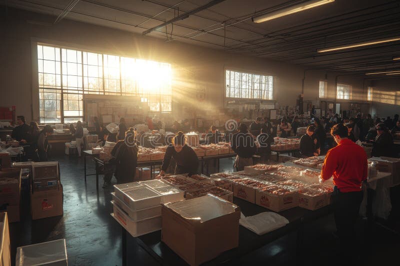 A Large Room with People Working at Tables and Boxes Stock Photo ...