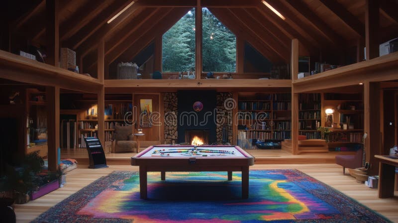 A Large Room with a Pool Table in the Middle and a Fireplace Stock ...