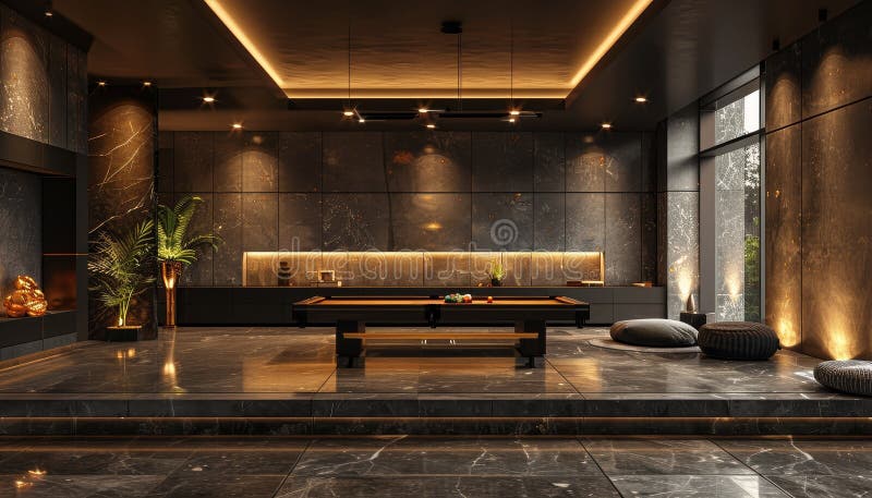 A Large Room with a Pool Table and a Mirror by AI Generated Image Stock ...