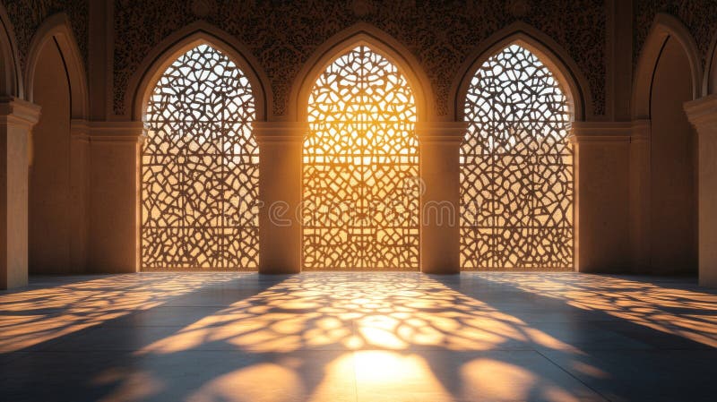 A Large Room with Three Arched Windows Stock Illustration ...