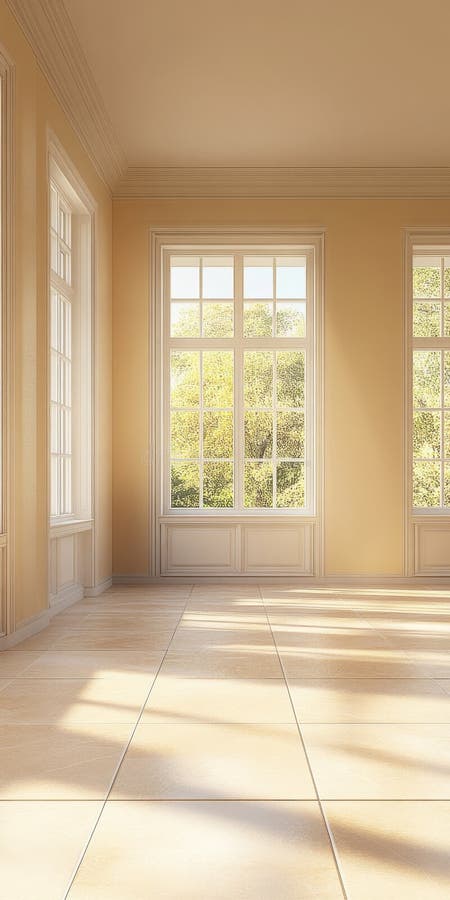 A Large Room with Two Windows and a Tan Wall Stock Illustration ...